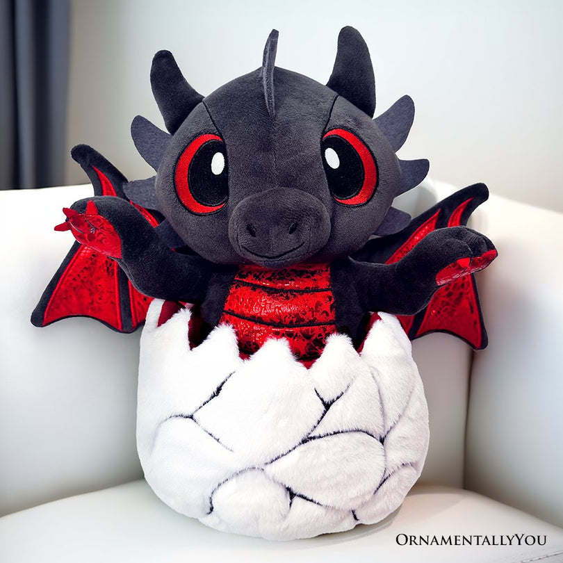 Drogo the Dino in an Egg Plushie, 12" Black and Red Dinosaur Stuffed A ...